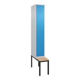 C+P Spind Classic PLUS, Bank, 1 Abteil, 2120x300x815mm, 7035/5012 Verschluss Zylinderschloss 4 Garderobenhaken Trennwand mittig Sitzbanktyp untergeba (0800507-10F|S10048)