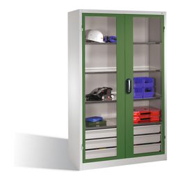 C+P Werkzeugschrank, Sichtfenster-Drehtüren, 3 Böden, 3 Schübe, H1950xB1200xT500mm Front Resedagrün Korpus Lichtgrau ; C + P Möbelsysteme (8931-5530|S10088)