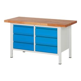 STIER Höhenverstellbare Werkbank Premium mit 6 Schubladen BxTxH 1500x700x840-1040mm RAL 7035 / RAL 5012 (906187)