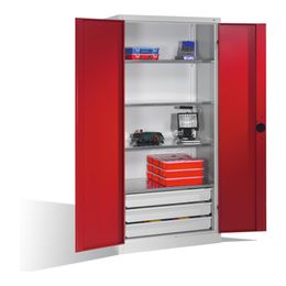 C+P Schwerlastschrank mit Dreht&uuml;ren, 4 B&ouml;den und 3 Sch&uuml;be, H1950xB930xT500mm Front Rubinrot Korpus Lichtgrau ; C + P M&ouml;belsysteme (8921-523|S10128)
