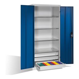C+P Werkzeugschrank mit Drehtüren, 4 Böden und 3 Schübe, H1950xB930xT600mm Front Enzianblau Korpus Lichtgrau ; C + P Möbelsysteme (8922-503|S10099)