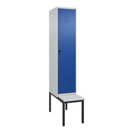 C+P Spind Classic PLUS, Bank, 1 Abteil, 2120x400x815mm, 7035/5010 Verschluss Sicherheits-Drehriegel 4 Garderobenhaken Dekor Banklatten RAL 7035 Licht (0800507-12|S10033)