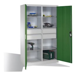 C+P Werkzeugschrank mit Drehtüren, 6 Böden, 4 Schübe, H1950xB1200xT500mm Front Resedagrün Korpus Lichtgrau ; C + P Möbelsysteme (8931-3042|S10133)
