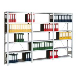 Regalwerk Standard Büroregal, Anbaufeld lichtgrau RAL 7035, 6 Stahlfachböden, Fachlast 150 kg, BxTxH 1005x300x2000 mm (B3-56111-30)