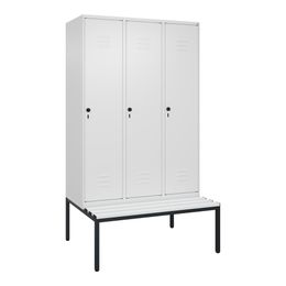 C+P Spind Classic PLUS, Bank, 3 Abteile, 2120x1200x815mm, 9016/9016 Verschluss Sicherheits-Drehriegel 4 Garderobenhaken Dekor Banklatten RAL 9010 Rei (0800507-32|S10044)