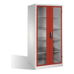 C+P Werkzeugschrank XXL mit Sichtfenster-Dreht&uuml;ren, innen 4 B&ouml;den, H1950xB930xT800mm Front Rubinrot Korpus Lichtgrau ; C + P M&ouml;belsysteme (8924-055|S10110)