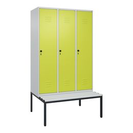C+P Spind Classic PLUS, Bank, 3 Abteile, 2120x1200x815mm, 7035/0024 Verschluss Sicherheits-Drehriegel 4 Garderobenhaken Trennwand mittig Dekor Banklat (0800507-32F|S10040)