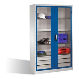 C+P Werkzeugschrank, Sichtfenster-Drehtüren, 3 Böden, 3 Schübe, H1950xB1200xT500mm Front Enzianblau Korpus Lichtgrau ; C + P Möbelsysteme (8931-5530|S10087)