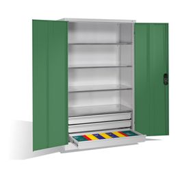 C+P Werkzeugschrank mit Drehtüren, 4 Böden und 3 Schübe, H1950xB1200xT600mm Front Resedagrün Korpus Lichtgrau ; C + P Möbelsysteme (8932-503|S10244)