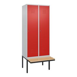 C+P Spind Classic PLUS, Bank, 2 Abteile, 2120x800x815mm, 7035/3020 Verschluss Zylinderschloss 4 Garderobenhaken Trennwand mittig Sitzbanktyp auskrage (0800407-22F|S10078)