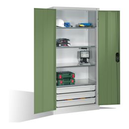 C+P Werkzeugschrank mit Drehtüren, 4 Böden und 3 Schübe, H1950xB930xT500mm Front Resedagrün Korpus Lichtgrau ; C + P Möbelsysteme (8921-503|S10136)