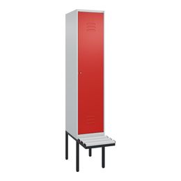 C+P Spind Classic PLUS, Bank, 1 Abteil, 2120x400x815mm, 7035/3020 Verschluss Zylinderschloss 4 Garderobenhaken Trennwand mittig Dekor Banklatten RAL 7 (0800407-12F|S10017)