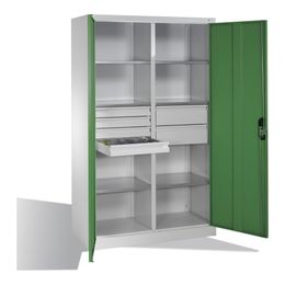 C+P Werkzeugschrank mit Dreht&uuml;ren, 6 B&ouml;den, 6 Sch&uuml;be, H1950xB1200xT500mm, Lichtgrau/Resedagr&uuml;n ; C + P M&ouml;belsysteme (8931-3041|S10160)