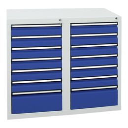 Stumpf Schubladenschrank Serie STS 410, 14 Schubladen enzianblau (12x100, 2x200mm) ; Stumpf Metall (7102274)