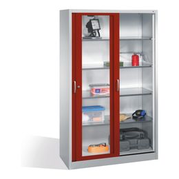 C+P Werkzeugschrank mit Sichtfenster-Schiebetüren, 4 Böden, H1950xB1200xT500mm Front Rubinrot Korpus Lichtgrau ; C + P Möbelsysteme (2059-055|S10035)