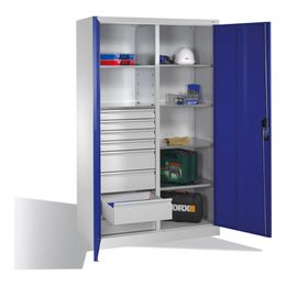C+P Werkzeugschrank mit Drehtüren, 6 Böden, 8 Schübe, H1950xB1200xT500mm, Lichtgrau/Enzianblau ; C + P Möbelsysteme (8931-305|S10155)