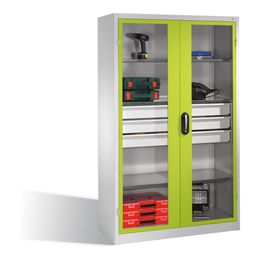 C+P Werkzeugschrank, Sichtfenster-Drehtüren, 4 Böden, 3 Schübe, H1950xB1200xT500mm Front Viridingrün Korpus Lichtgrau ; C + P Möbelsysteme (8931-553|S10093)