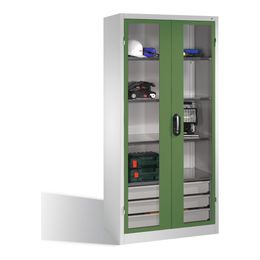 C+P Werkzeugschrank, Sichtfenster-Drehtüren, 4 Böden, 3 Schübe, H1950xB930xT500mm Front Resedagrün Korpus Lichtgrau ; C + P Möbelsysteme (8921-553|S10095)