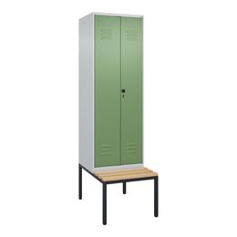 C+P Schwarz-Weiß-Spind Classic PLUS, Bank, 2 Abteile, 2120x600x815mm, 7035/6011, Verschluss Sicherheits-Drehriegel, Sitzbanktyp untergebaut, Material (0800527-20|S10006)