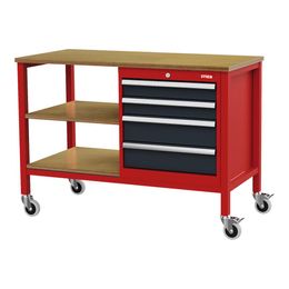 STIER Mobile Kastenwerkbank mit 4 Schubladen und 2 Holzfachböden BxTxH 1300x600x960 mm RAL 3020 / RAL 7016 (904948)