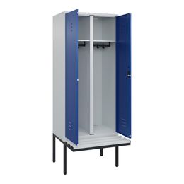 C+P Schwarz-Wei&szlig;-Spind Classic PLUS, Bank, 2 Abteile, 2120x800x815mm, 7035/5010, Verschluss Zylinderschloss, Sitzbanktyp auskragend, Material Sitzfl&auml;c (0800427-22|S10018)