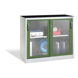 C+P Werkzeugschrank mit Sichtfenster-Schiebetüren, 1 Boden, H1000xB1200xT500mm Front Resedagrün Korpus Lichtgrau ; C + P Möbelsysteme (2056-055|S10019)