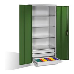 C+P Werkzeugschrank mit Drehtüren, 4 Böden und 3 Schübe, H1950xB930xT600mm Front Resedagrün Korpus Lichtgrau ; C + P Möbelsysteme (8922-503|S10100)