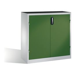 C+P Schwerlast-Beistellschrank mit Dreht&uuml;ren, innen 2 B&ouml;den, H1200xB1200xT500mm Front Resedagr&uuml;n Korpus Lichtgrau ; C + P M&ouml;belsysteme (8531-052|S10187)