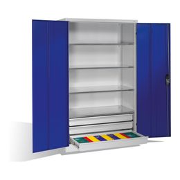 C+P Werkzeugschrank mit Drehtüren, 4 Böden und 3 Schübe, H1950xB1200xT600mm Front Enzianblau Korpus Lichtgrau ; C + P Möbelsysteme (8932-503|S10240)