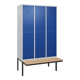 C+P Doppelstock-Spind Classic PLUS, Bank, 3 Abteile, 2120x1200x815mm, 7035/5010 Verschluss Zylinderschloss Sitzbanktyp auskragend Material Sitzfl&auml;che (0803407-32|S10093)