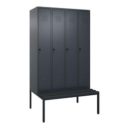 C+P Spind Classic PLUS, Bank, 4 Abteile, 2120x1200x815mm, 7016/7016 Verschluss Sicherheits-Drehriegel 3 Garderobenhaken Dekor Banklatten RAL 7021 Sch (0800507-40|S10042)