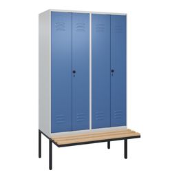 C+P Schwarz-Weiß-Spind Classic PLUS, Bank, 4 Abteile, 2120x1200x815mm, 7035/5023, Verschluss Sicherheits-Drehriegel, Sitzbanktyp auskragend, Material (0800427-40|S10005)