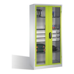 C+P Werkzeugschrank, Sichtfenster-Dreht&uuml;ren, 3 B&ouml;den, 3 Sch&uuml;be, H1950xB930xT500mm Front Viridingr&uuml;n Korpus Lichtgrau ; C + P M&ouml;belsysteme (8921-5530|S10091)