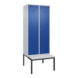 C+P Spind Classic PLUS, Bank, 2 Abteile, 2120x800x815mm, 7035/5010 Verschluss Zylinderschloss 4 Garderobenhaken Trennwand mittig Dekor Banklatten RAL (0800507-22F|S10018)