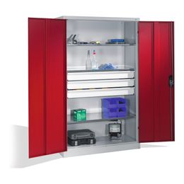 C+P Werkzeugschrank mit Dreht&uuml;ren, 3 B&ouml;den und 3 Sch&uuml;be, H1950xB1200xT600mm Front Rubinrot Korpus Lichtgrau ; C + P M&ouml;belsysteme (8932-5030|S10074)