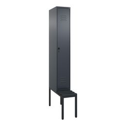C+P Spind Classic PLUS, Bank, 1 Abteil, 2120x300x815mm, 7016/7016 Verschluss Sicherheits-Drehriegel 3 Garderobenhaken Dekor Banklatten RAL 7021 Schwa (0800507-10|S10044)