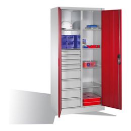 C+P Werkzeugschrank mit Drehtüren, 6 Böden, 8 Schübe, H1950xB930xT500mm Front Rubinrot Korpus Lichtgrau ; C + P Möbelsysteme (8921-305|S10148)