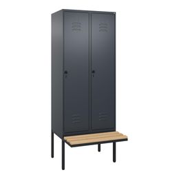 C+P Spind Classic PLUS, Bank, 2 Abteile, 2120x800x815mm, 7016/7016 Verschluss Sicherheits-Drehriegel 4 Garderobenhaken Trennwand mittig Sitzbanktyp a (0800407-22F|S10012)