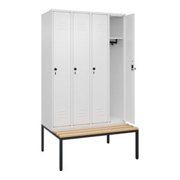 C+P Spind Classic PLUS, Bank, 4 Abteile, 2120x1200x815mm, 9016/9016 Verschluss Sicherheits-Drehriegel 3 Garderobenhaken Sitzbanktyp untergebaut ; C (0800507-40|S10014)