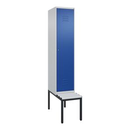 C+P Spind Classic PLUS, Bank, 1 Abteil, 2120x400x815mm, 7035/5010 Verschluss Zylinderschloss 4 Garderobenhaken Dekor Banklatten RAL 7035 Lichtgrau Si (0800507-12|S10018)