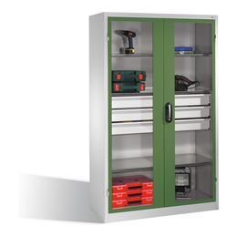 C+P Werkzeugschrank, Sichtfenster-Drehtüren, 4 Böden, 3 Schübe, H1950xB1200xT500mm Front Resedagrün Korpus Lichtgrau ; C + P Möbelsysteme (8931-553|S10092)