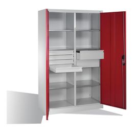 C+P Werkzeugschrank mit Drehtüren, 6 Böden, 6 Schübe, H1950xB1200xT500mm, Lichtgrau/Rubinrot ; C + P Möbelsysteme (8931-3041|S10159)