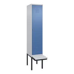 C+P Spind Classic PLUS, Bank, 1 Abteil, 2120x400x815mm, 7035/5023 Verschluss Zylinderschloss 4 Garderobenhaken Dekor Banklatten RAL 7035 Lichtgrau Si (0800407-12|S10020)