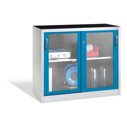 C+P Werkzeugschrank mit Sichtfenster-Schiebetüren, 1 Boden, H1000xB1200xT500mm Front Lichtblau Korpus Lichtgrau ; C + P Möbelsysteme (2056-055|S10021)