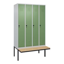 C+P Spind Classic PLUS, Bank, 4 Abteile, 2120x1200x815mm, 7035/6011 Verschluss Sicherheits-Drehriegel 4 Garderobenhaken Trennwand mittig Sitzbanktyp (0800407-40F|S10006)