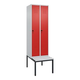 C+P Spind Classic PLUS, Bank, 2 Abteile, 2120x600x815mm, 7035/3020 Verschluss Sicherheits-Drehriegel 3 Garderobenhaken Dekor Banklatten RAL 7035 Lich (0800507-20|S10032)