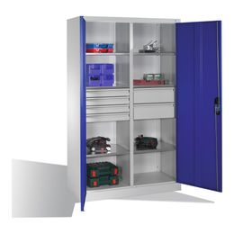 C+P Werkzeugschrank mit Dreht&uuml;ren, 6 B&ouml;den, 6 Sch&uuml;be, H1950xB1200xT500mm, Lichtgrau/Enzianblau ; C + P M&ouml;belsysteme (8931-3041|S10158)