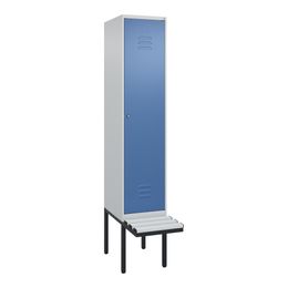 C+P Spind Classic PLUS, Bank, 1 Abteil, 2120x400x815mm, 7035/5023 Verschluss Zylinderschloss 4 Garderobenhaken Trennwand mittig Dekor Banklatten RAL 7 (0800407-12F|S10020)
