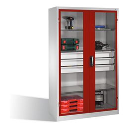 C+P Werkzeugschrank, Sichtfenster-Drehtüren, 4 Böden, 3 Schübe, H1950xB1200xT500mm Front Rubinrot Korpus Lichtgrau ; C + P Möbelsysteme (8931-553|S10089)