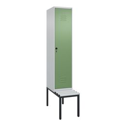 C+P Spind Classic PLUS, Bank, 1 Abteil, 2120x400x815mm, 7035/6011 Verschluss Sicherheits-Drehriegel 4 Garderobenhaken Dekor Banklatten RAL 7035 Licht (0800507-12|S10036)